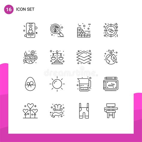 Set Of 16 Vector Outlines On Grid For Globe Creative Thinking Target Heart Stock Vector