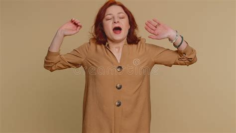 Tired Sleepy Redhead Woman Yawning Feeling Somnolent Lazy Bored Gaping