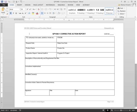 Corrective Action Report Iso Template