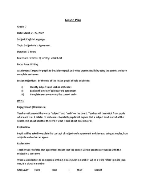 Grade 7 English Language Lesson Plan Week 11 Subject Verb Agreement