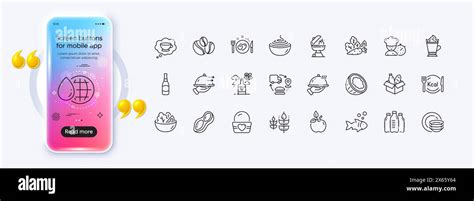Coconut Pasta And Latte Coffee Line Icons For Web App Pictogram Icon Phone Mockup Gradient