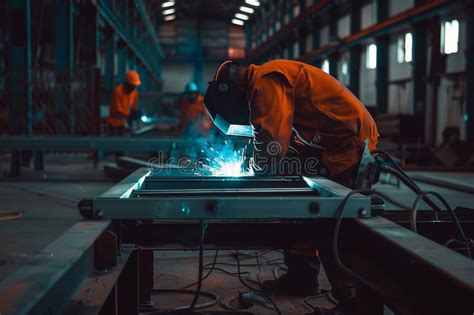 Workmen Welding Metal Frames In A Workshop Industrial Workshop