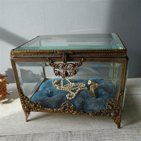 Antique French Beveled Glass Jewelry Casket Blue Velvet And Gris
