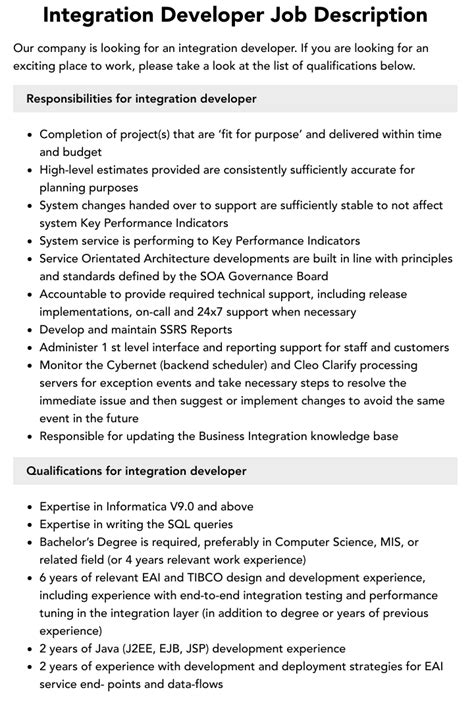 Integration Developer Job Description Velvet Jobs