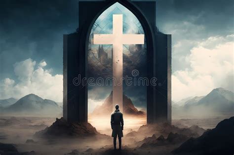 Faith And Belief A Surreal Landscape Featuring A Man And A Cross Stock