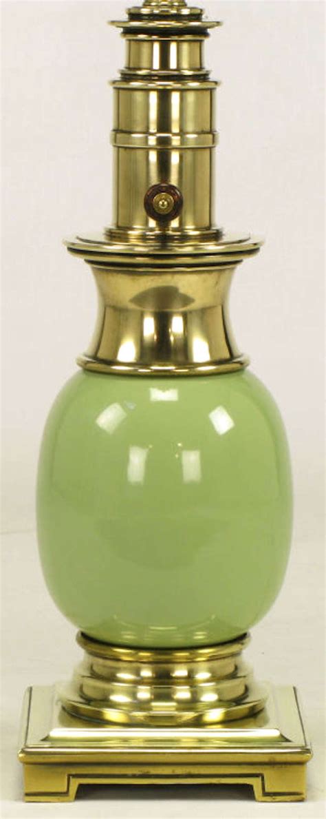 Pair Of Stiffel Brass And Sage Porcelain Ostrich Egg Table Lamps At