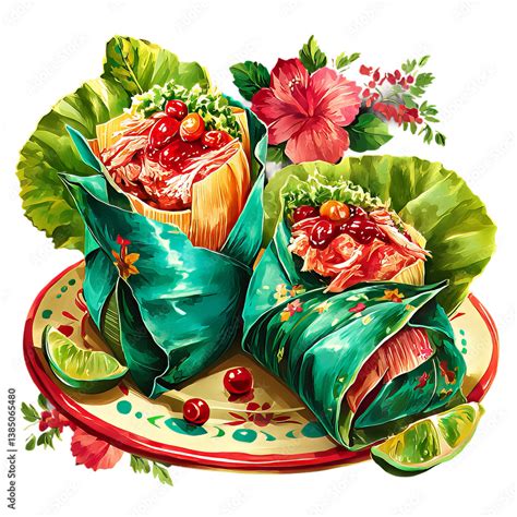 Traditional Mexican Tamal Unwrapped Showing Pork Filling In Red Sauce