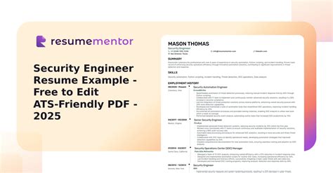 Security Engineer Resume Example Free To Edit Ats Friendly Pdf 2025