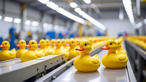 Rubber Ducks On A Conveyor Belt In A Factory Product Manufacturing