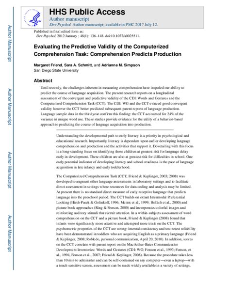 Pdf Evaluating The Predictive Validity Of The Computerized Comprehension Task Comprehension