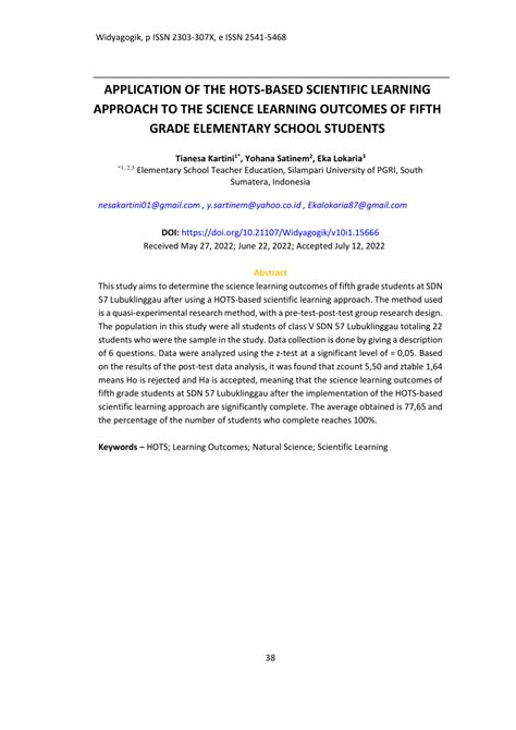 Pdf Application Of The Hots Based Scientific Learning Approach To The Science Learning