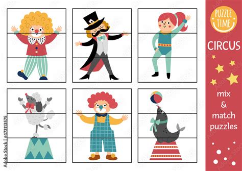 Vector Circus Mix And Match Puzzle With Clown Magician Poodle
