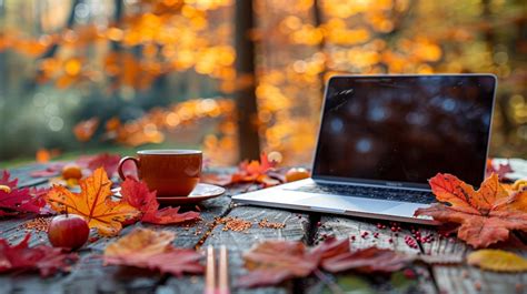 Fall Leaves And Laptop Workspace Premium Ai Generated Image