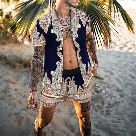 Per Uomo Tribale 2 Pezzi Camicia Hawaiana Manica Corta Pantaloni Corti