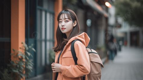 Fundo Menina Asiática Vestida Com Camisa Laranja Em Pé Na Rua Fundo