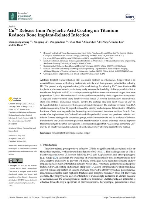 Pdf Cu2 Release From Polylactic Acid Coating On Titanium Reduces Bone Implant Related Infection