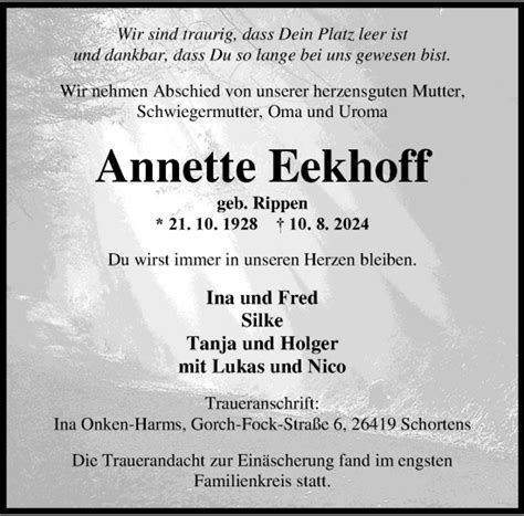 Traueranzeigen Von Annette Eekhoff Nordwest Trauerde