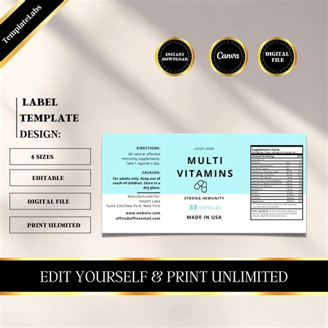 Supplement Label Template Vitamin Label Medicine Bottle Label Bottle