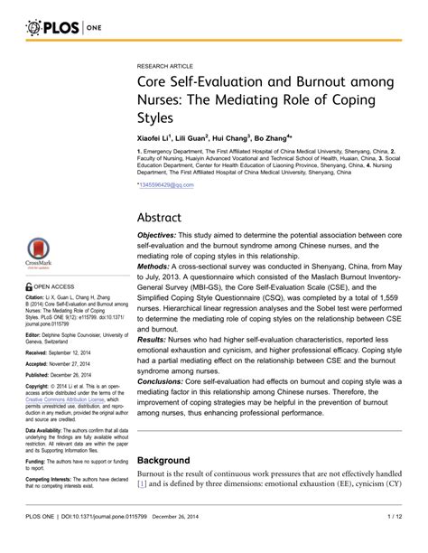 Pdf Core Self Evaluation And Burnout Among Nurses The Mediating Role Of Coping Styles