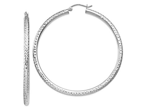 Rhodium Over 10k White Gold Diamond Cut 1 1516 Round Hoop Earrings