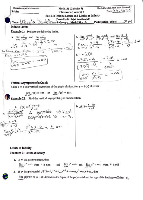 41 Infinite Limits And Limits At Infinity Department Of Mathematics