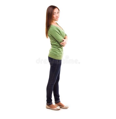 Full Body Portrait Of Happy Gesturing Cheerful Smiling Woman Stock