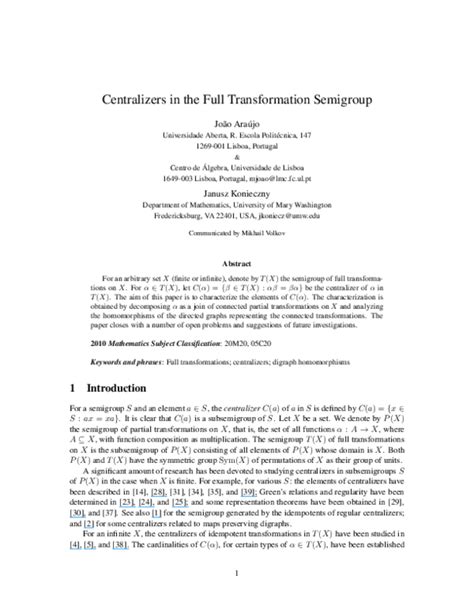 Pdf Centralizers In The Full Transformation Semigroup