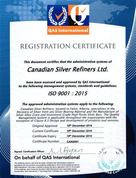 Canadian Silver Refiners Iso Certification