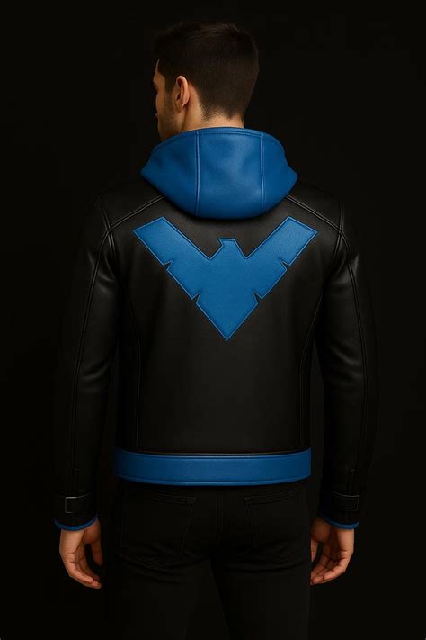 Nightwing Cosplay Leather Jacket For Men Black And Blue Hooded