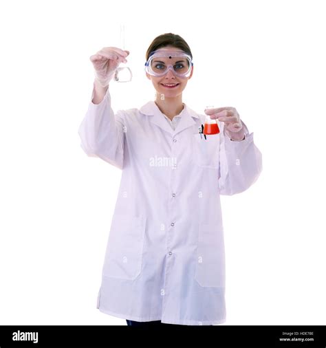 Female Assistant Scientist In White Coat Over Isolated Background Stock