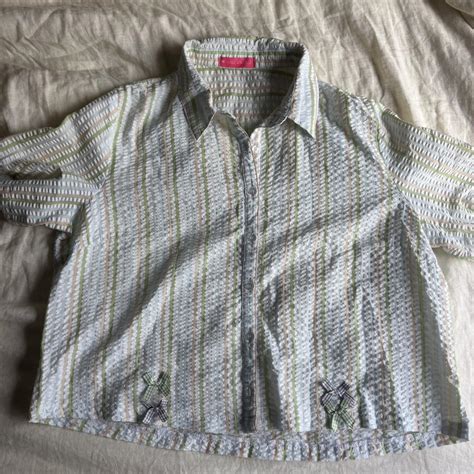 Green And White Striped Button Up Blouse With Bow Depop