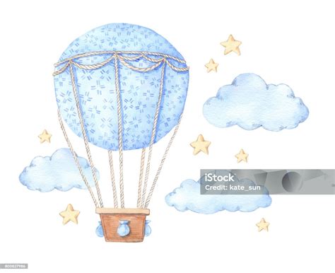 Hand Drawn Watercolor Illustration Hot Air Balloon In The Sky Perfect