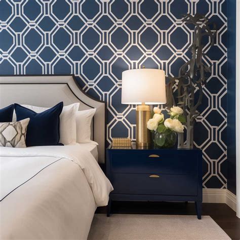 Navy Geometric Wallpaper Enriching A Classic Bedroom
