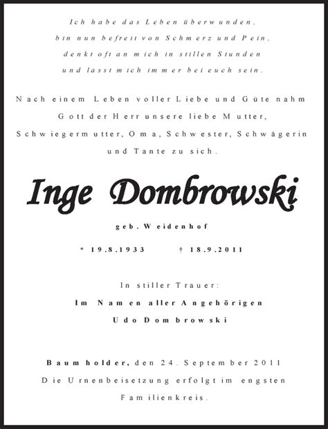 Traueranzeigen Von Inge Dombrowski Rz Trauer De