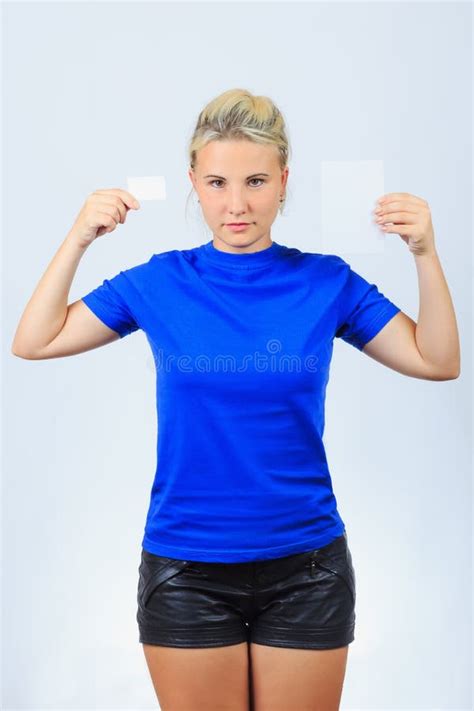 Pretty Blonde Girl Holds Blank Papers Stock Image Image Of Beautiful