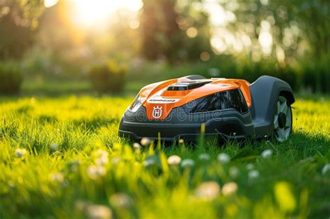 A Modern Autonomous Robot Lawn Mower Glides Through Thick Vibrant Green Grass Showcasing The