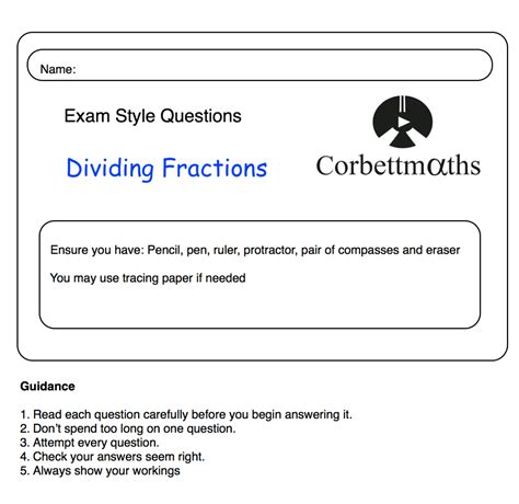 Dividing Fractions Practice Questions Corbettmaths