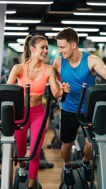 Young Couple Doing Exercises With Elliptical Trainer Premium Ai