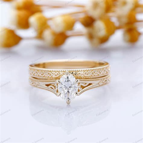 Filigree Moissanite Engagement Ring Set Yellow Gold Stacking Band