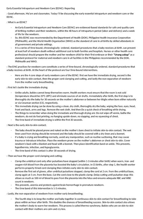 Chn Report Script Early Essential Intrapartum And Newborn Care Eeinc