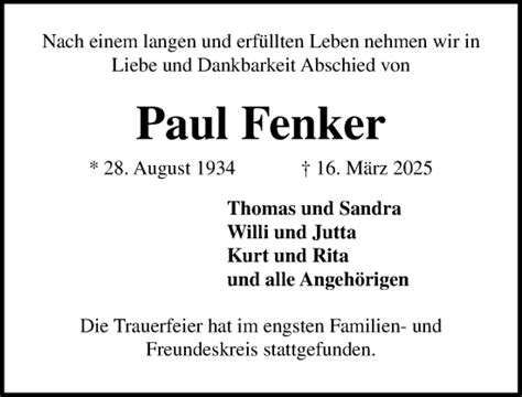Traueranzeigen Von Paul Fenker Trauer Anzeigen De