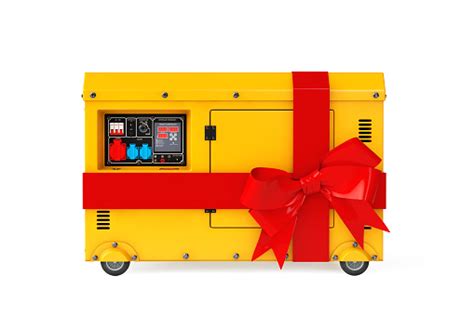 빨간 선물 리본과 활을 가진 비상사태 사용을 위한 큰 노란 외부 보조 전력 발전기 디젤 엔진 3d 렌더링 가솔린에 대한 스톡 사진 및 기타 이미지 Istock