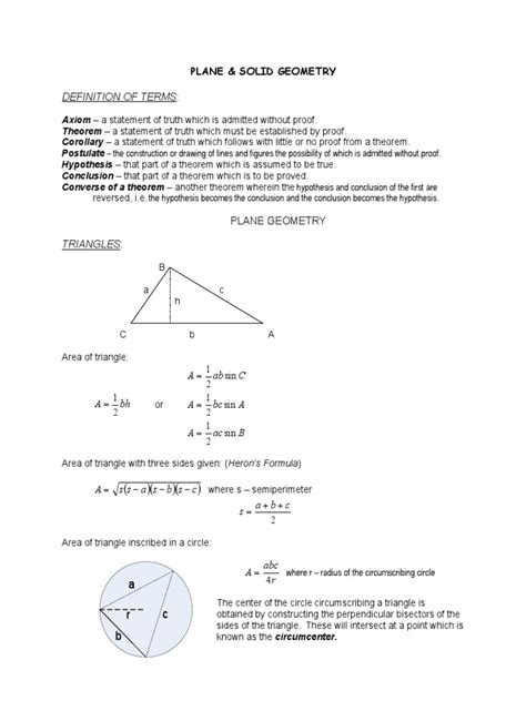 Plane And Solid Geometry Handouts Pdf Circle Area