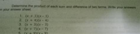 solved determine the product of each sum and difference of two terms