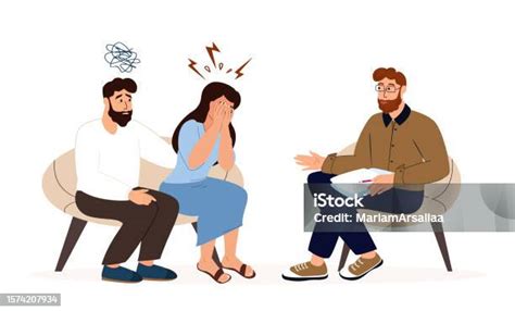 심리 치료 세션 정신과 의사 상담걱정스러운 슬픈 실망스러운 커플 심리 세션에 남자와 여자 가족 위기 치료심리학 벡터 일러스트레이션 비탄에 대한 스톡 벡터 아트 및 기타