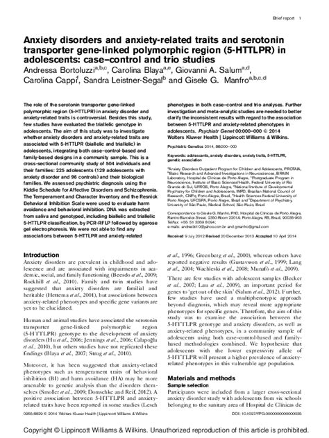 Pdf Anxiety Disorders And Anxiety Related Traits And Serotonin