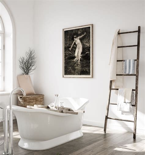 Vintage Nude Woman Bathroom Art Naked Outdoor Bath Art Night Dark Woods