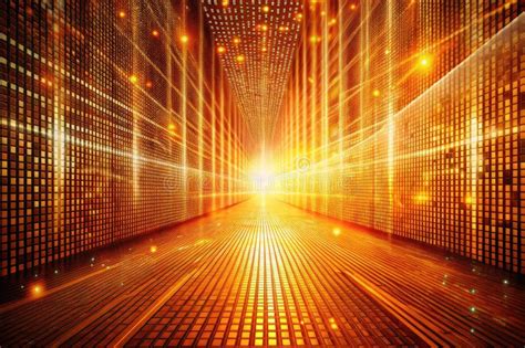 Futuristic Architectural Photography Glowing Orange Binary Code Matrix