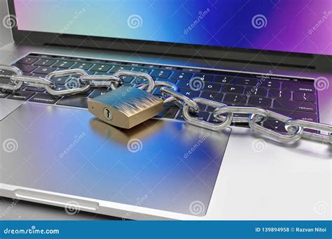 Computer Keyboard Locked With Padlock And Chain Security Stock