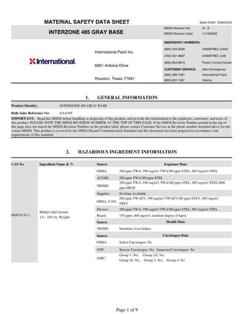Material Safety Data Sheet Interzone 485 Gray Base Datasheets